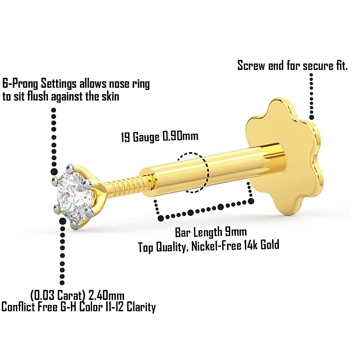 EternalDia 2.4mm Diamond Nose Stud/Lip Labret/Screw Ring Piercing Pin Bone 14Kt Gold 19 Gauge Diamond Nose Stud(GH/I1 I2) Straight nose rings