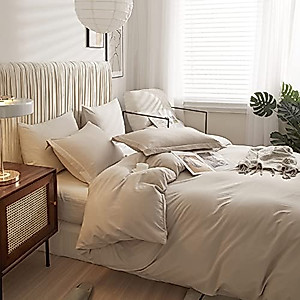 VClife Duvet Cover Washed Microfiber Cream Beige Tan Khaki Quilt Cover Sets Queen Size 3 Pieces Tan Solid Color Bedding Sets (1 Queen Beige Duvet Cover and 2 Pillow Shams)