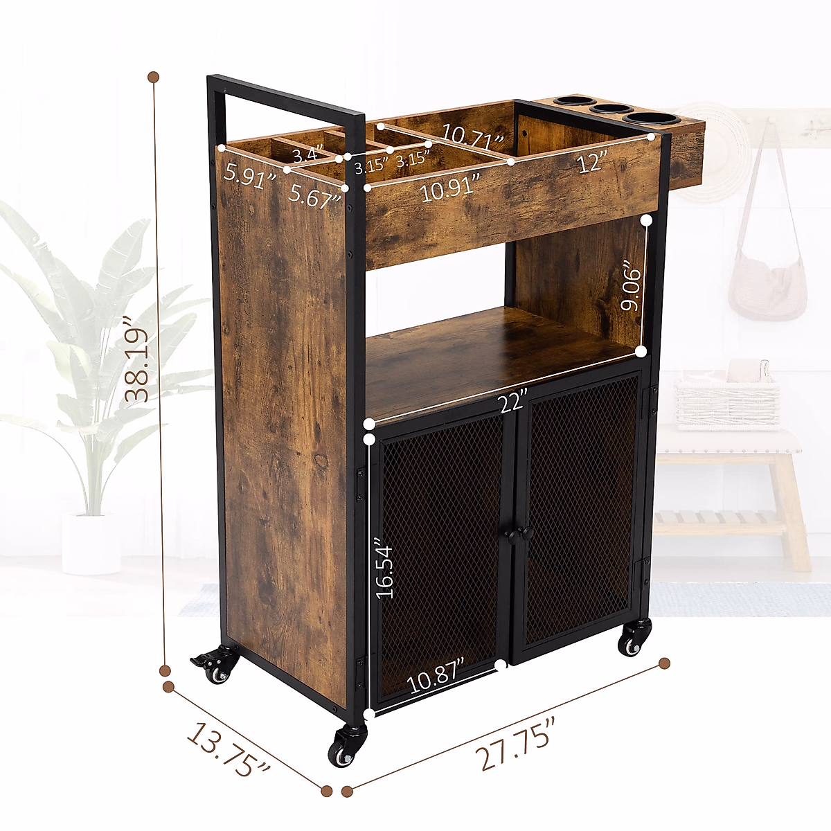 RESHABLE Rolling Salon Station with Wheels, Barbershop Station with Extra Storage Space, Hairstylist Cart with Charging Station and USB Ports, Rustic Brown