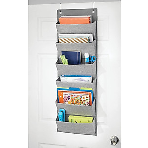 mDesign Soft Fabric Over The Door Hanging Storage Organizer with 6 Large Pockets for Closets in Bedrooms, Hallway, Entryway, Mudroom - Textured Print - Hooks Included - Gray