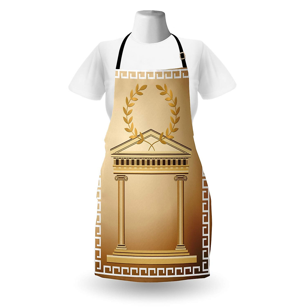 Ambesonne Retro Apron, Antique Building Roman Olive Branch and Greek Architecture Motif, Unisex Kitchen Bib with Adjustable Neck for Cooking Gardening, Adult Size, Brown Coffee