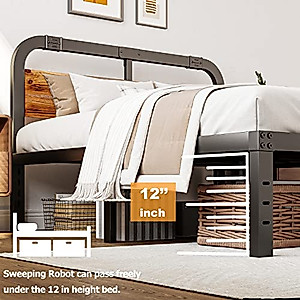 Aardhen Queen Size Bed Frame 14 Inch Rustic Wood Headboard, Heavy Duty Steel Slats Support, Easy Assembly, No Box Spring Needed, Quiet and Sturdy