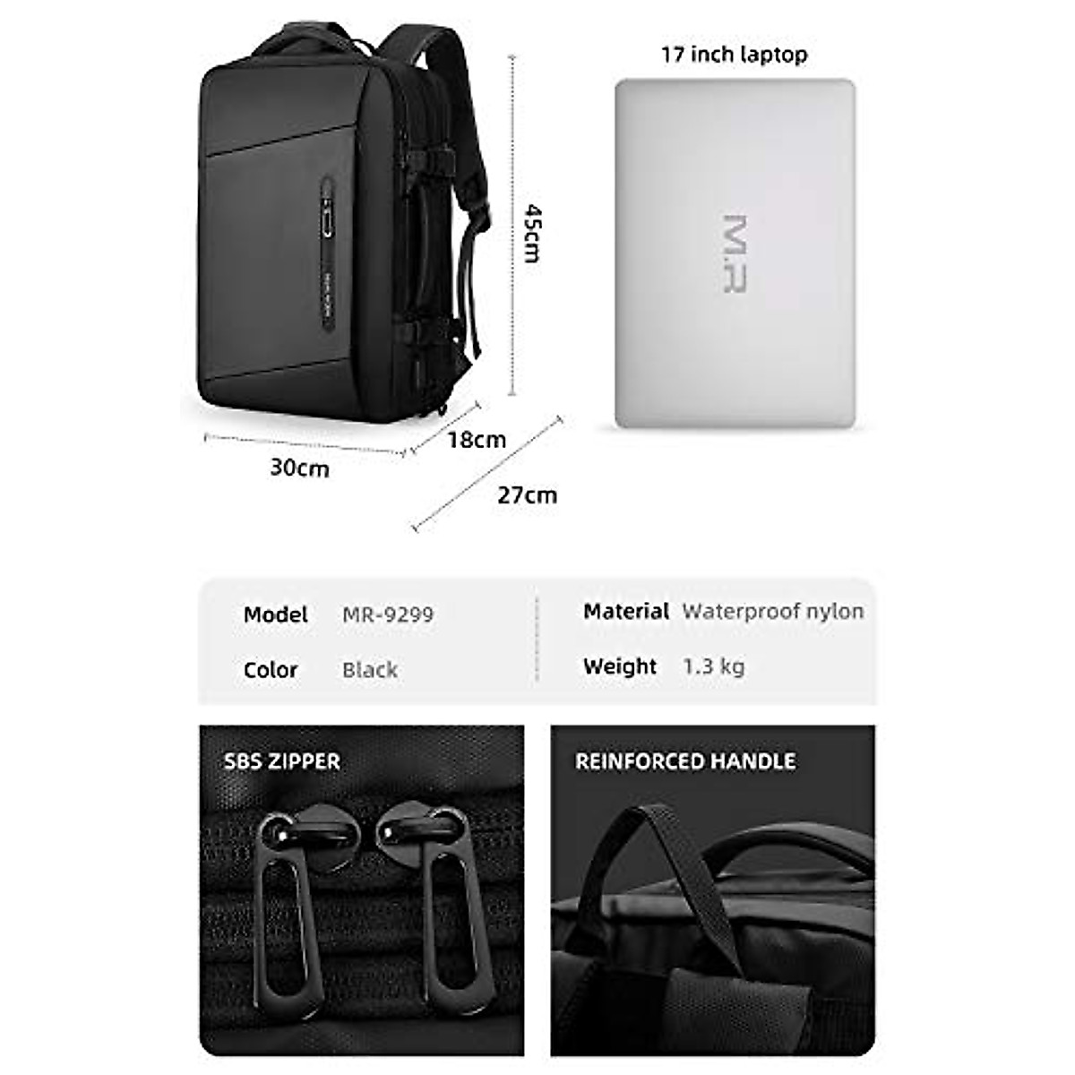 Markryden Laptop Backpack with raincover carry-on travel backpack water-proof expandable backpack with Rain Cover USB Charging Port for School Travel Work Bag Fits 17.3/15.6 Inch Laptop