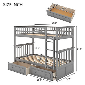 BIADNBZ Twin Over Twin Bunk Bed with Storage Drawers, Wooden Convertible BunkBed into 2 Platform Bedframe, for Kids Teens Adults Bedroom, Gray