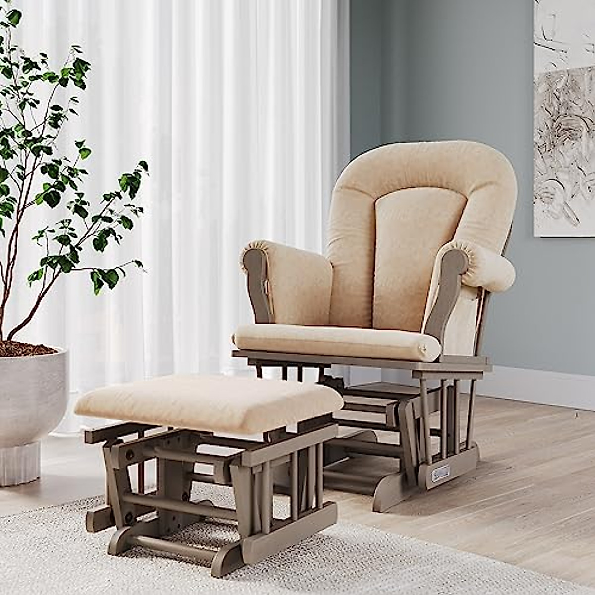 Child Craft Cozy Glider Rocker and Ottoman Set, Padded Cushion with Convenient Storage Pockets, Solid Wood Base & Frame (Dusty Heather with Beige Cushion)