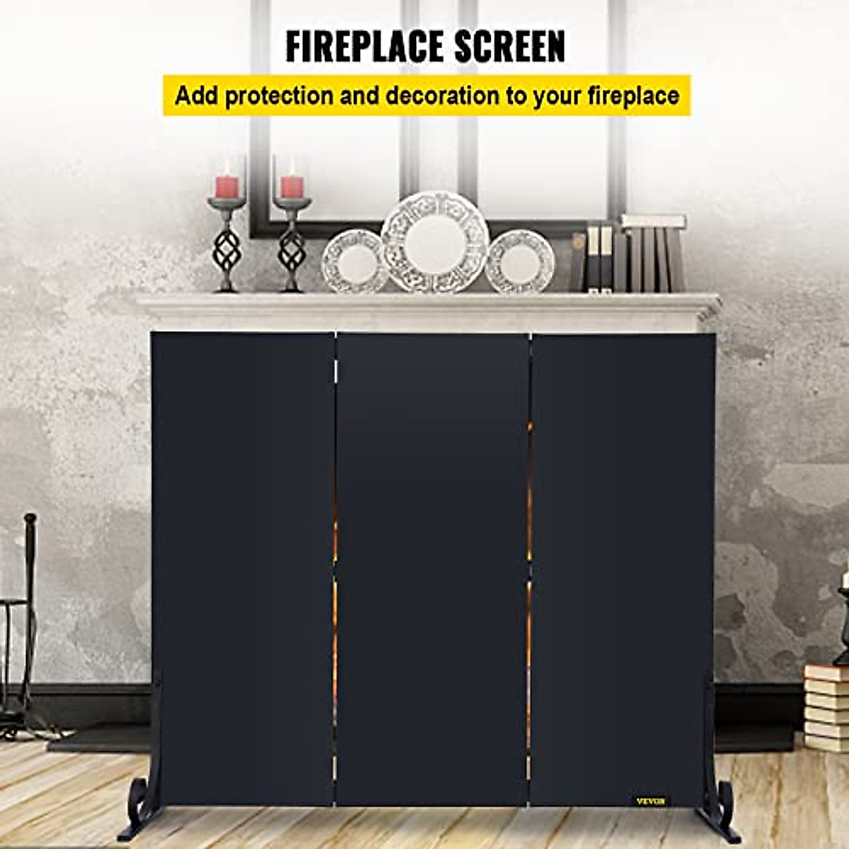 VEVOR Fireplace Screen, 47 x 34.3 Inch, 3-Panel Iron Freestanding Spark Guard with Support, Metal Craft, Broom Tong Shovel Poker Included, for Fireplace Decoration & Protection, Black