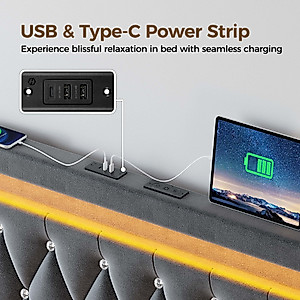 Rolanstar Queen Bed Frame with LED Light and Charging Station, Upholstered High Headboard and Footboard, Wood Slats, Noise Free, Easy Assembly, Grey