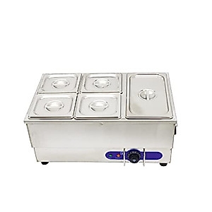 INTSUPERMAI 5 Pots Electric Commercial Food Soup Warmer Canteen Buffet Steam Heater Stainless Steel 110V 1500W 1/6 GN x4+1/3GN x1 6 inch deep Adjustable Temp Restaurants, Catering and Parties