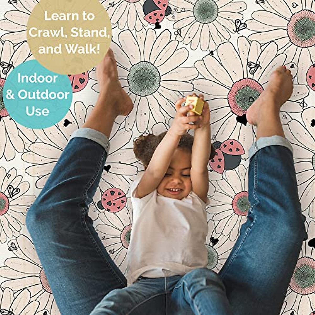 JumpOff Jo - Large Waterproof Foam Padded Play Mat for Infants, Babies, Toddlers, Play Pens & Tummy Time, Foldable Activity Mat, 70 in. x 59 in. - Daisy Bug