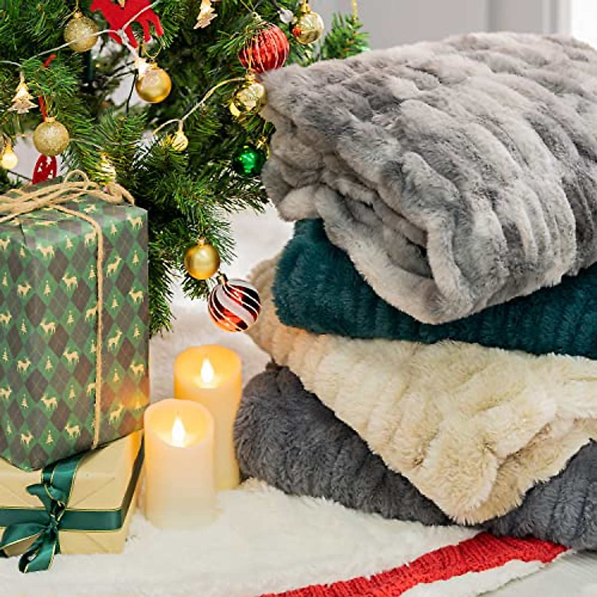 RECYCO Soft Rabbit Faux Fur Throw Blanket, Luxurious Ruched Blanket for Christmas Holiday, Couch, Bed, Living Room, Sofa. Fuzzy, Warm Throw Blanket with Reversible Mink Velvet, Marbled Grey, 50"x60"