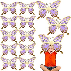 12 Pcs Large Butterfly Party Decoration Paper Butterfly Stickers in 2 Different Size 3D Butterfly Wall Mural Set Giant Butterfly for Birthday Baby Shower Nursery Bedroom Wedding(Gold and Purple)