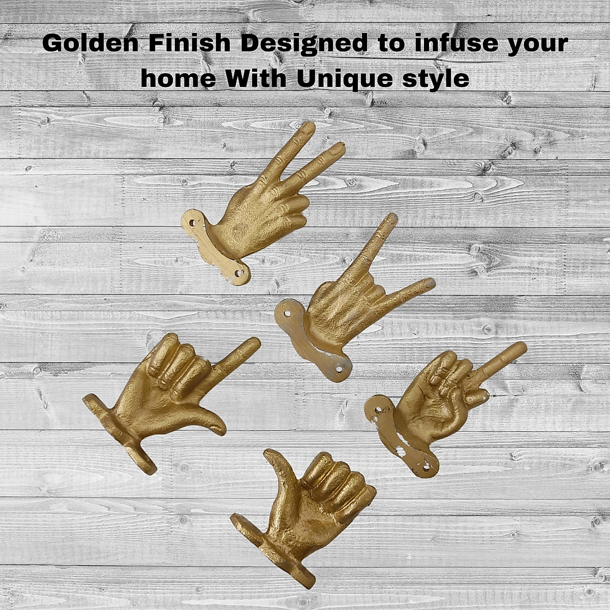 AYZCORP Set of 5 Hand Gesture Decorative Wall Hooks, 4 Inches High-Peace Sign-Rock On-Fun Finger-Thumbs up & Pointing Finger Gestures. Unique Stylish Key or Towel Hangers (Gold)