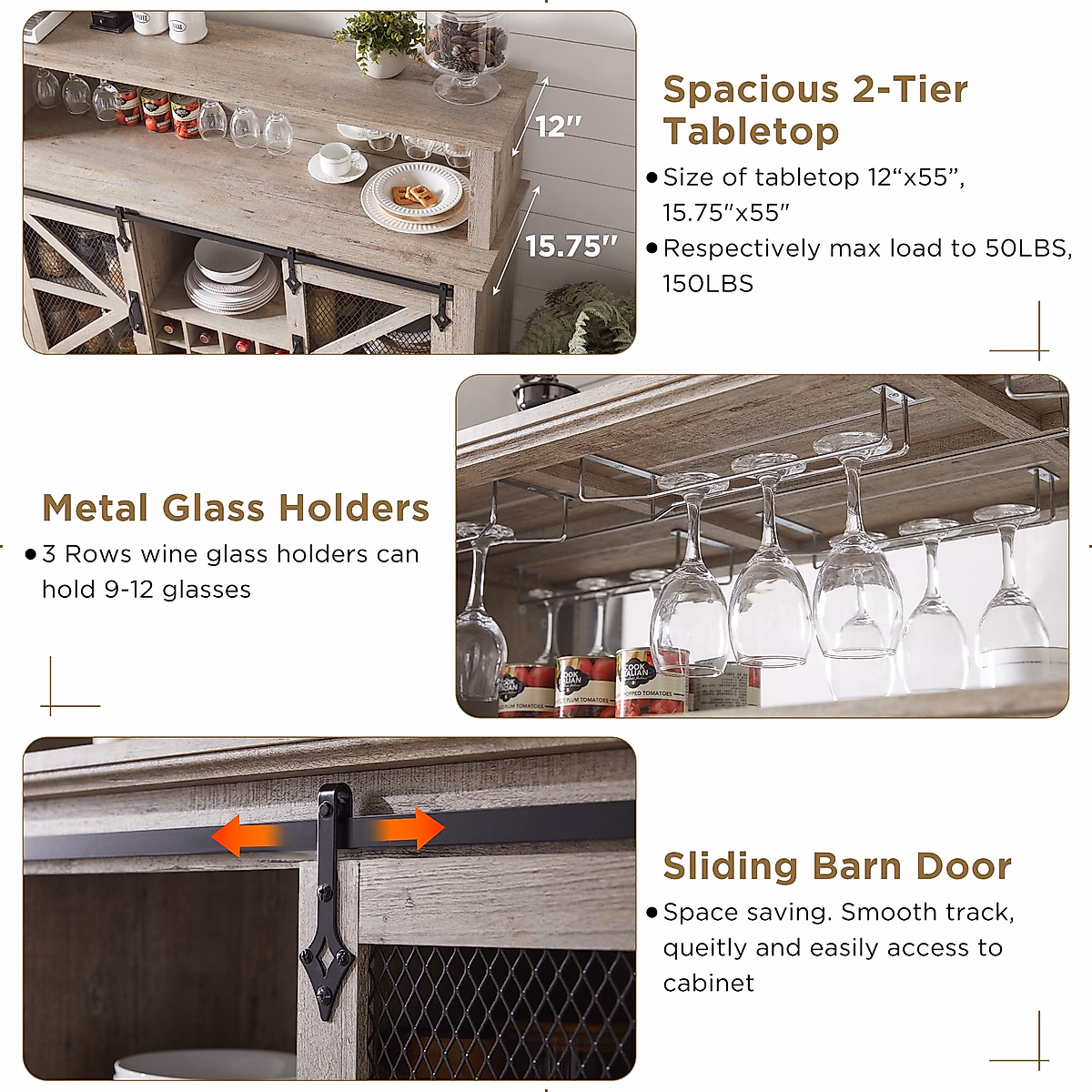 OKD Farmhouse Coffee Bar Cabinet with LED Lights, 55" Wine Bar w/Sliding Barn Door & Wine and Glass Rack, Kitchen Buffet Cabinet w/Storage Shelves for Dining Room,Light Rustic Oak