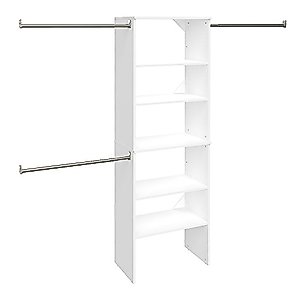 ClosetMaid SuiteSymphony Wood Closet Organizer Starter Kit Tower and 3 Hang Rods, Shelves, Adjustable, Fits Spaces 5 – 10 ft. Wide, Pure White, 25"
