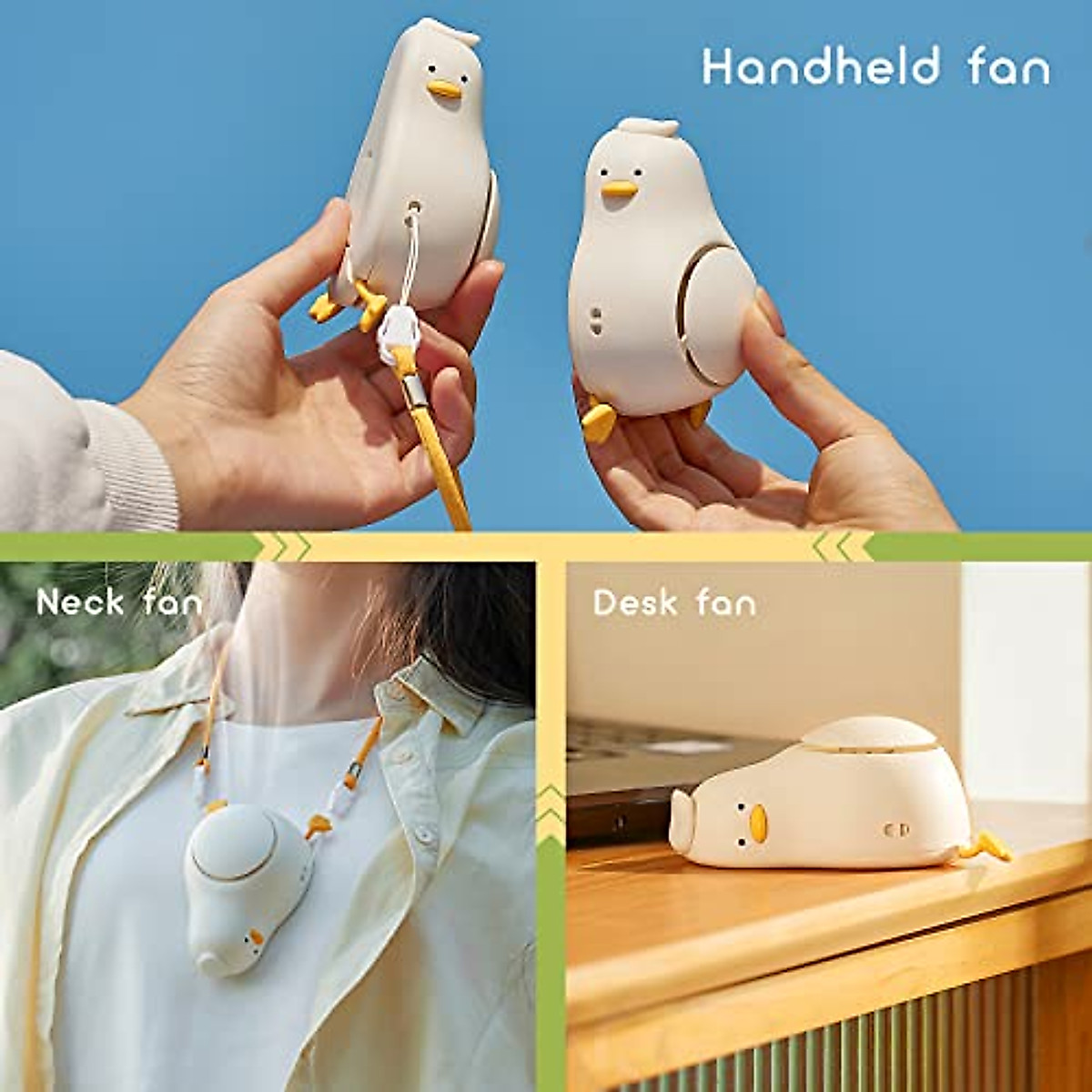 Portable Neck Fan, Hanging Neck Fan with Adjustable Lanyard, USB Rechargeable Mini Hand Held Fan，3 Wind Speed Personal Fan, Cute Bladeless Fan for Home Office Outdoor Travel (LIE-IN-PEACE DUCK)