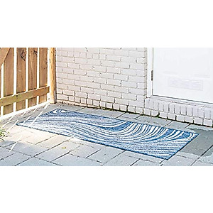 Unique Loom Outdoor Modern Collection Area Rug - Pool (2' x 6' 1" Runner, Blue/ Ivory)