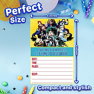 20x My Hero Academy Birthday Invitations and Envelopes – Fill-in Happy Birthday Party Invitations for Kids, 6X4 Inches, Postcard Style