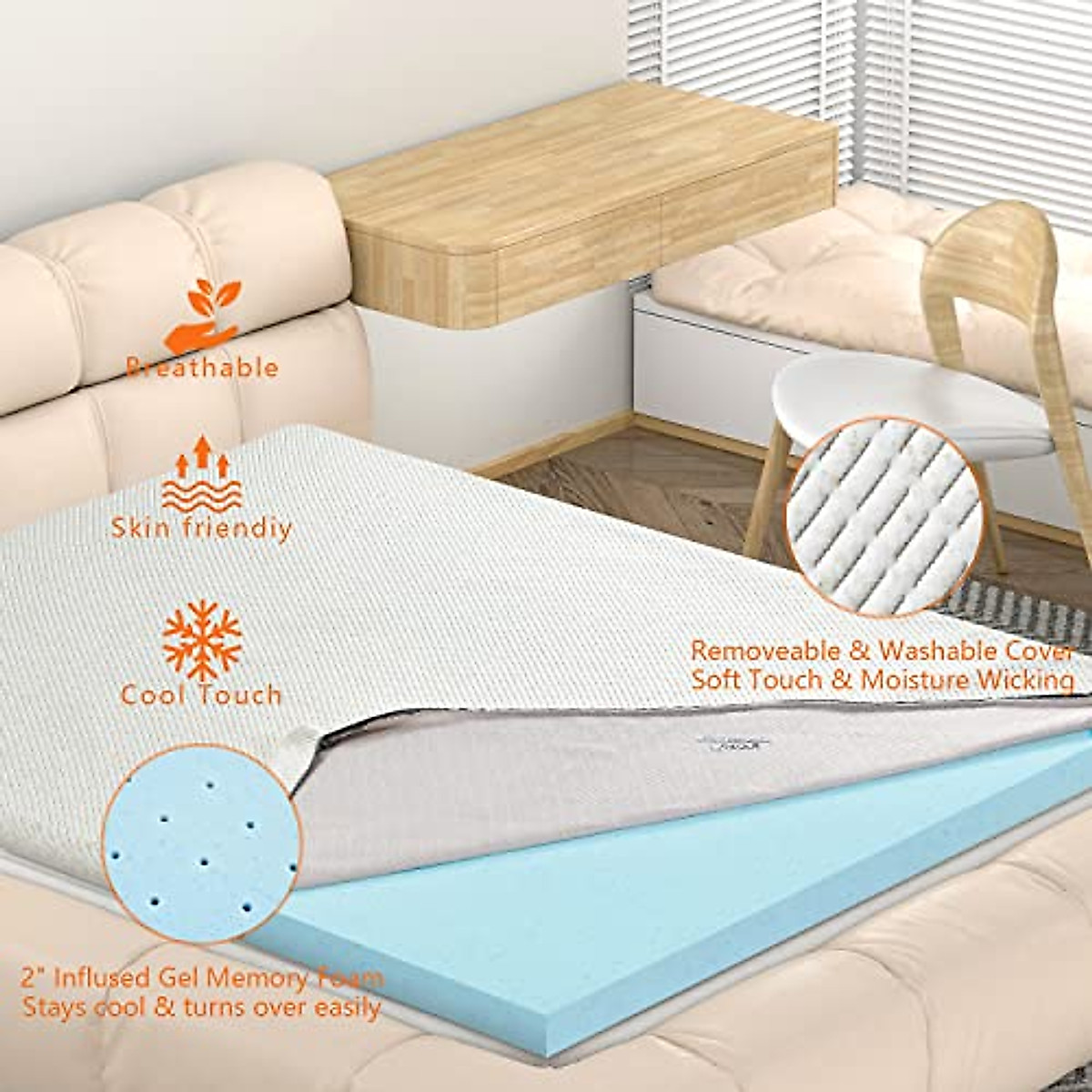 2 Inch Tempurpedic Mattress Topper Full Size, Cozary Cooling Mattress Pad Cover for Back Pain, Bed Topper with Bamboo Cover, Soft Breathable
