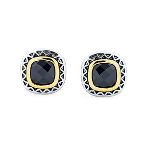 Black Onyx Cubic Zirconia Two Tone Square Cushion Omega Earrings For Women Silver Gold Plated Brass