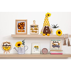 Sunflower Decor - Tiered Tray Decor Farmhouse Sunflower Kitchen Decor - Sunflower Gnomes Decorations - Wooden Signs for Home Table Fireplace (Not Included Tray)
