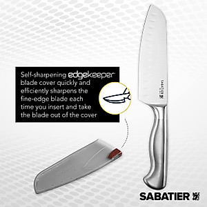 Sabatier Forged Stainless Steel Santoku Knife with Edgekeeper Self-Sharpening Blade Cover, Razor-Sharp Kitchen Knife to Cut Fruit, Vegetables and more, High-Carbon Stainless Steel, 7-Inch