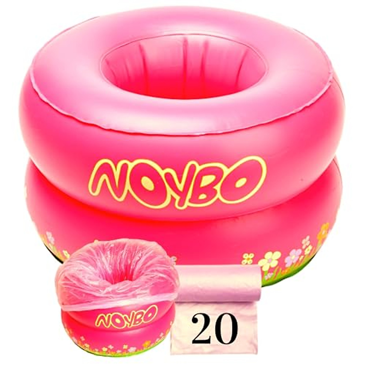 Noybo Portable Potty for Toddler Travel - Inflatable Toilet Seat Kids, Training for Boys & Girls Up to 66 Lbs, Toddlers' Camping Essentials, Includes 20 Durable Nylon Bags, 21x13.7x4.3cm – Pink