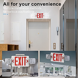LED Exit Signs with Emergency Lights, Red LED Two Adjustable Head Emergency Exit Light with Backup Battery, AC 120V/277V, ABS Fire Resistant, UL Listed (1Pack)