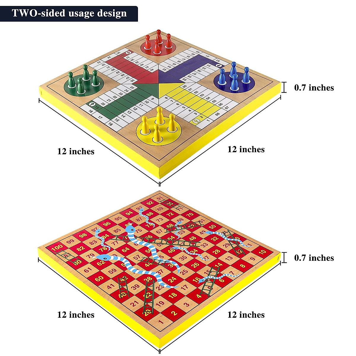 AMEROUS 12 inches Wooden Ludo Board Game - Snakes and Ladders, 2 in 1 Reversible, 1-4 Players Family Dice Games Set for Kids, Adults, Classics Tabletop Version (Gift Box Packed)