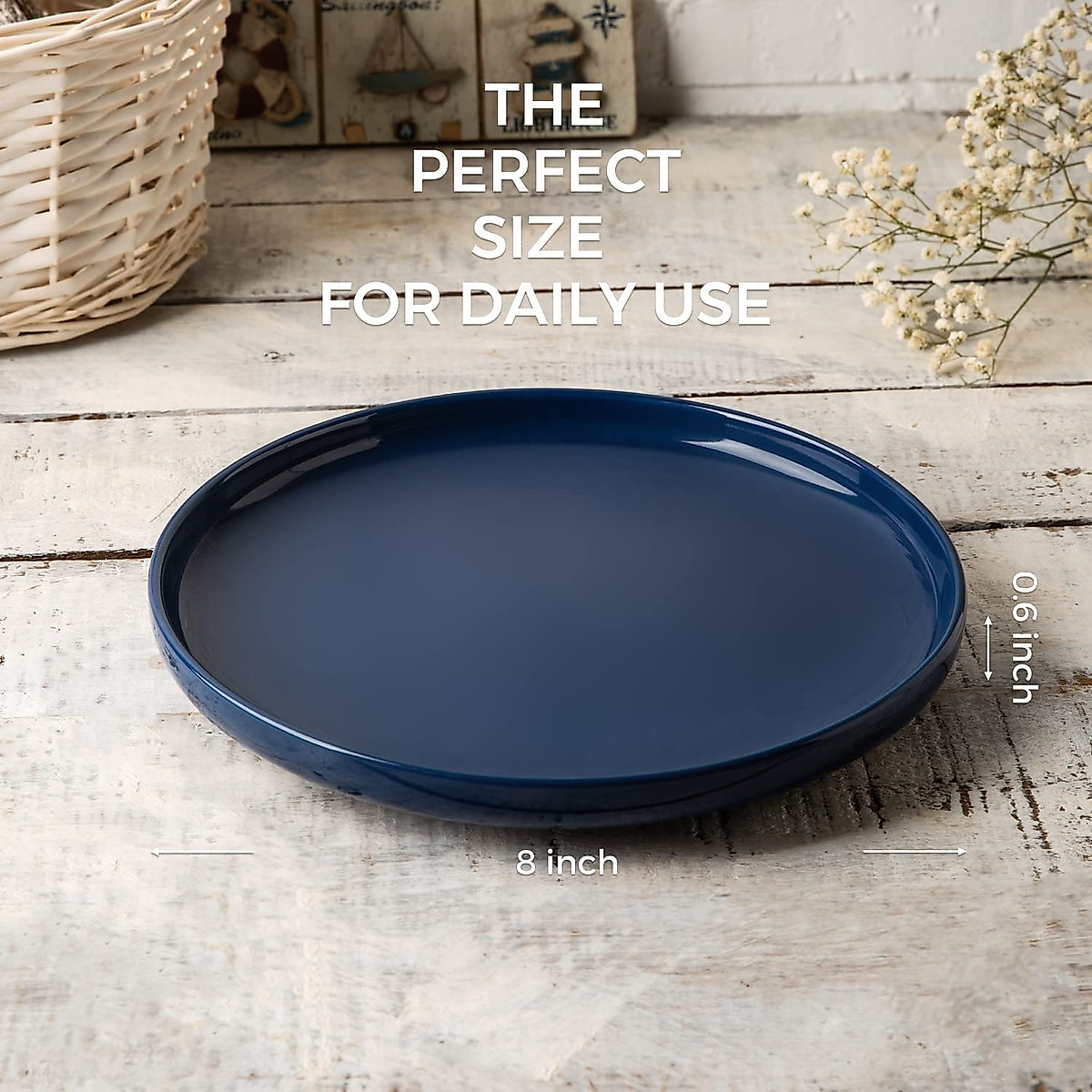 AmorArc Ceramic Plates Set of 6, 8.0 Inch Round Stoneware Salad Plates Use for Dessert, Salad, Appetizer etc,Microwave and Dishwasher Safe, Scratch Resistant Small Deep Dinner Plates-BLUE