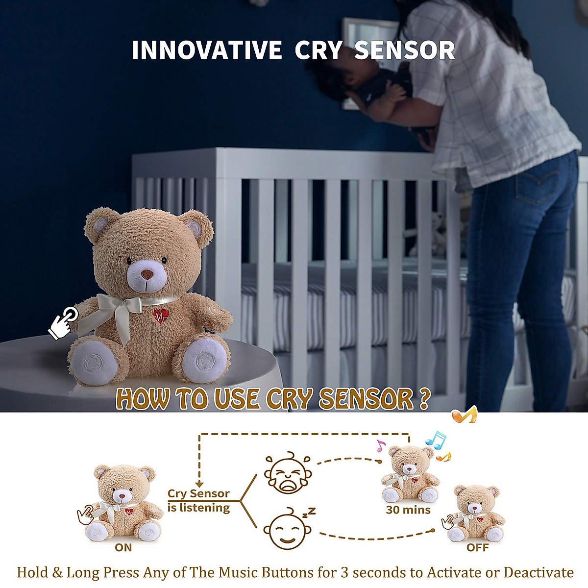BEREST Baby Cry Activated Sleeping Aid Soother, White Noise Machine Infant Stuffed Animal Baby Gifts Bear Toy with Nursery Decor Night Light, Womb Heartbeat, 9 Soothing Sounds for Toddler Crib