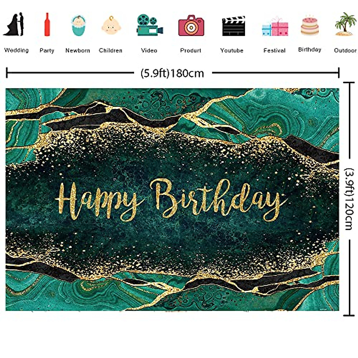 Crefelimas Emerald Green Happy Birthday Backdrop Green and Gold Birthday Party Decorations Turquoise Abstract Marble Fluid Men Women Birthday Background Props……