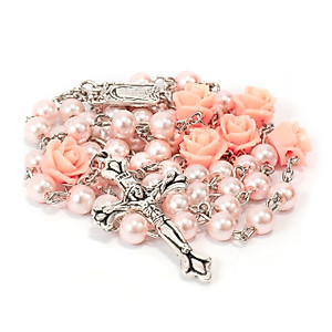 Nazareth Store Catholic Pink Pearl Beads Rosary Necklace Our Rose Flowers, Lourdes Medal & Cross NS