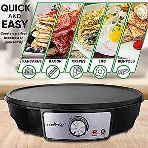 Electric Griddle Crepe Maker Cooktop - Nonstick 12 Inch Aluminum Hot Plate with LED Indicator Lights & Adjustable Temperature Control - Wooden Spatula & Batter Spreader Included - NutriChef PCRM12