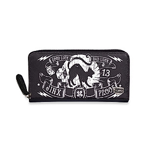 Liquorbrand Jinx Proof Women's Zip Around Clutch Wallet Black Cat Goth Gothic Rockabilly, Size: 8" x 4" x 1"