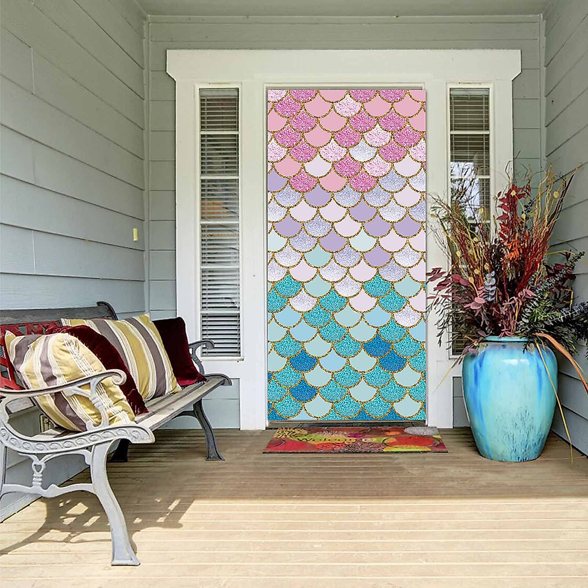 ZDX Mermaid Scales Door Banner Gold Glitter Purple Pink Blue Photo Backdrop Decor Princess Baby Shower Mermaid Birthday Party Door Hanger Cover Sign Supplies Poster Background Decor 72.8 x 35.4in
