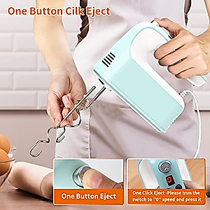CBQ Hand Mixer Electric, 9 Speed 400W Handheld Mixer with Digital Display, Touch Button, Turbo, Snop-On Storage Case, 5 Stainless Steel Accessories, Mixer Electric Handheld for Cake, Cookie, Egg, Cream, Dough (Ice Blue + White)