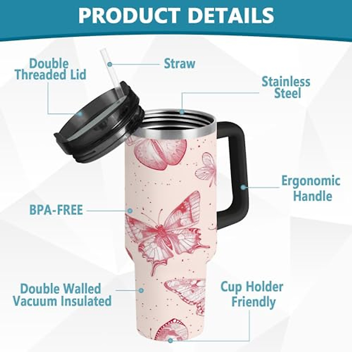 FRCSDIY Beautiful Butterfly Insulated Tumbler with Handle and Straw Lid,30oz Leakproof Stainless Steel Cup BPA-Free Water Bottle
