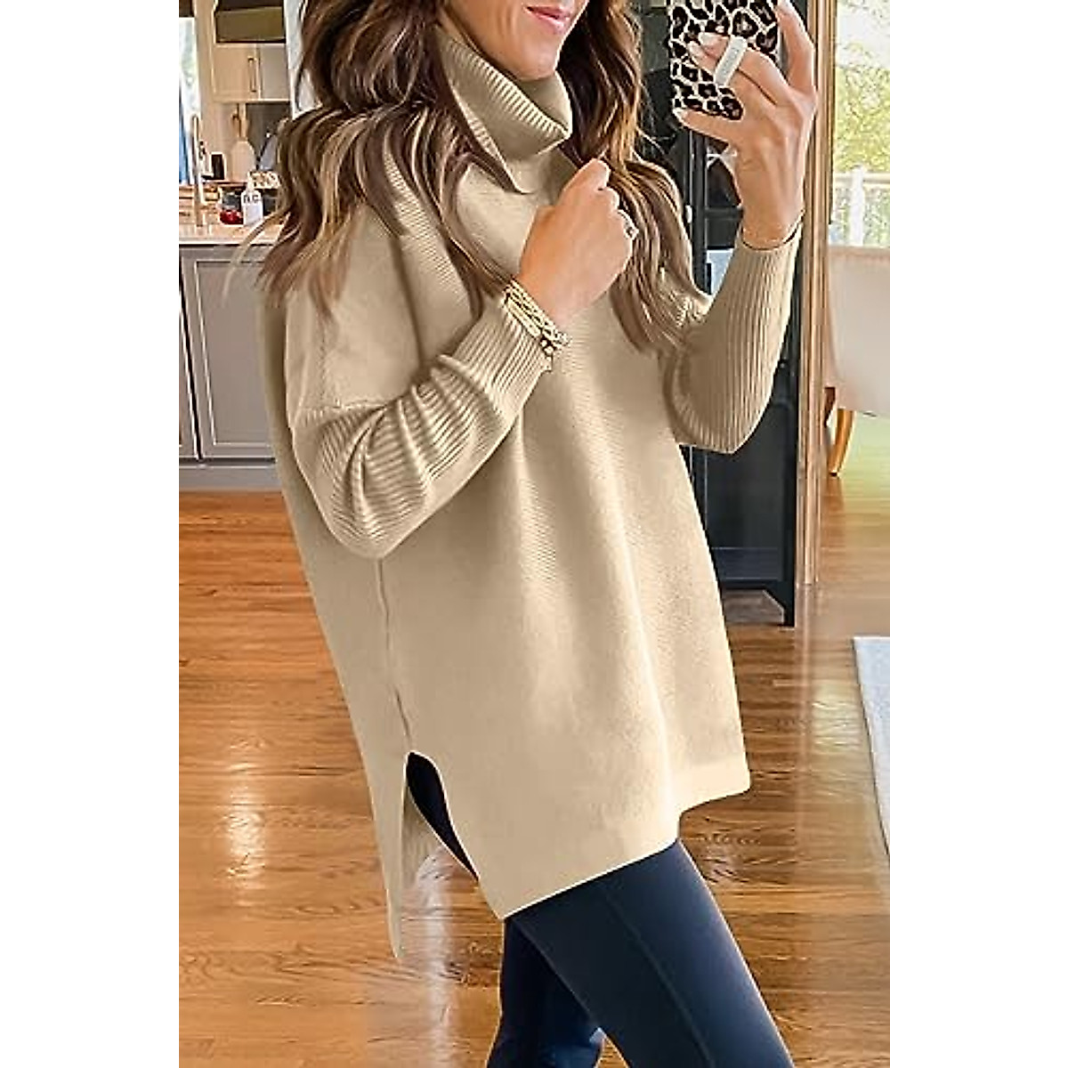 LILLUSORY Clothes Sweaters for Women 2023 Outfit Clothing Long Batwing Sleeve Spilt Hem Tunic Pullover Sweater Knit Tops Apricot