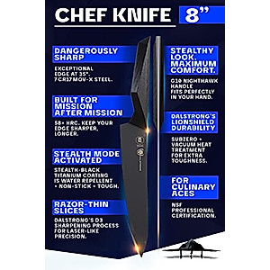 Dalstrong Shadow Black Series Black Titanium Nitride Coated High Carbon 7CR17MOV-X Vacuum Treated Steel Chef Kitchen Knife, 8 Inches, Sheath Included