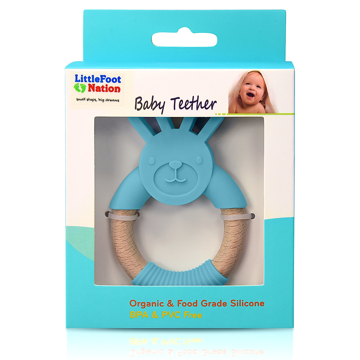 LittleFoot Nation Organic & Natural Bunny Rabbit Baby Teether Ring, 100% BPA Free Pure Food Grade Silicone & Beech Wood, Teething Pain Relief Toy for Toddlers & Infants (Blue)