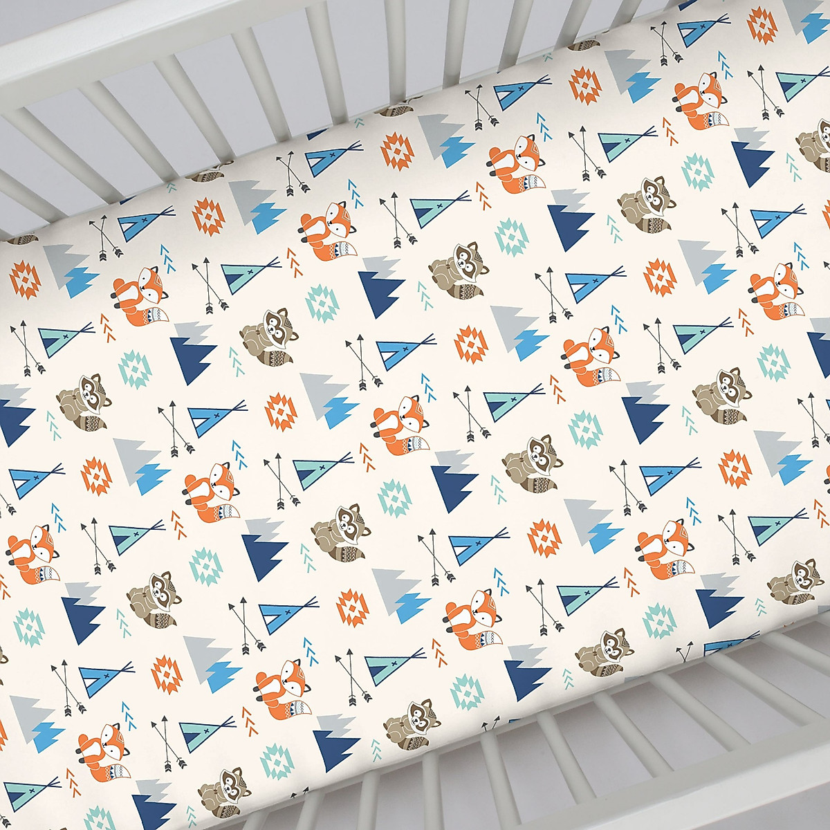 NoJo Aztec Mix & Match 100% Cotton Grey/Fox Fitted Crib Sheet, Navy, Orange, Aqua, Ivory