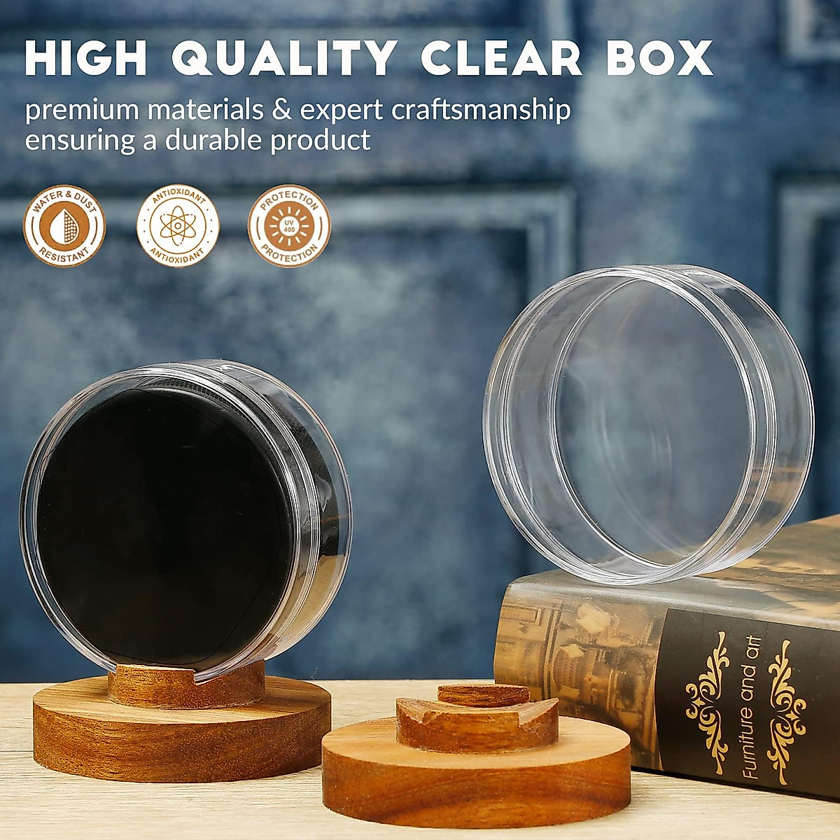 JupDec Hockey Puck Display Case Acrylic Clear Holder with Wood Base, Autograph Souvenir Display Stand, Perfect Showcase for Your Collection, Brown, 1 Pack