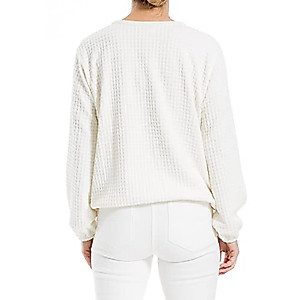 Max Studio Women's Waffle Knit V-Neck Long Sleeve Pullover US Small, Ivory