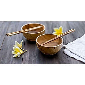 OMA Set Of Two Rice Bowls With Chopsticks Teak Wood Salad Noodle Udon Bowls