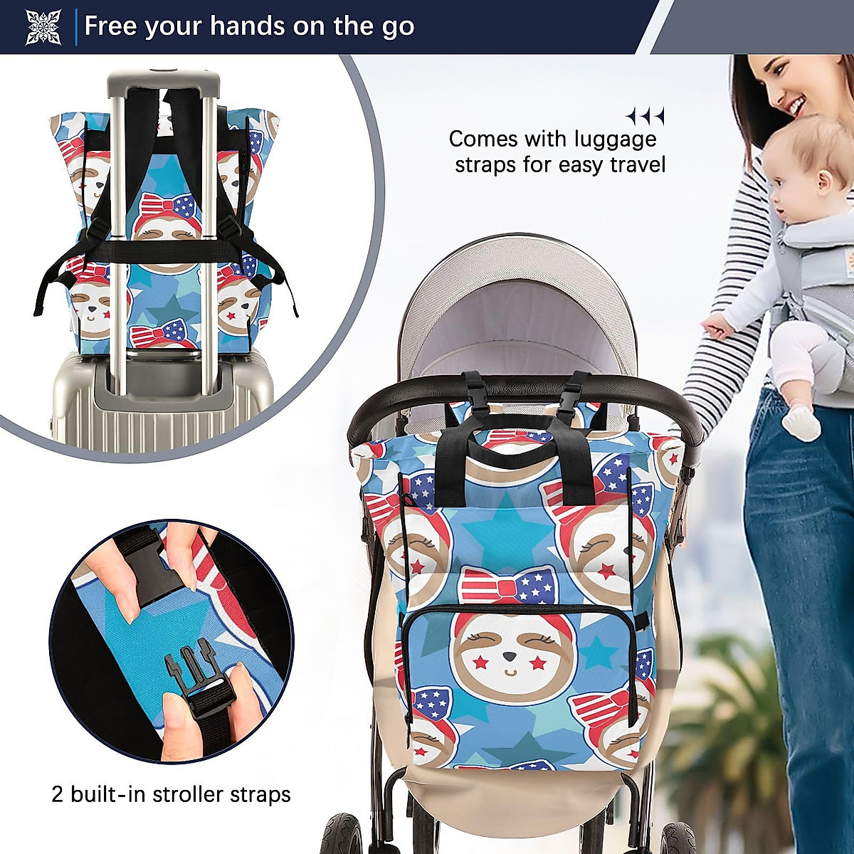 Patriotic Sloth Diaper Bag Backpack for Baby Boys Girls Multifunction Baby Essentials Travel Tote with Stroller Straps & Bottle Storage Baby Diaper Bag for Shopping Hiking Traveling Moms Dads