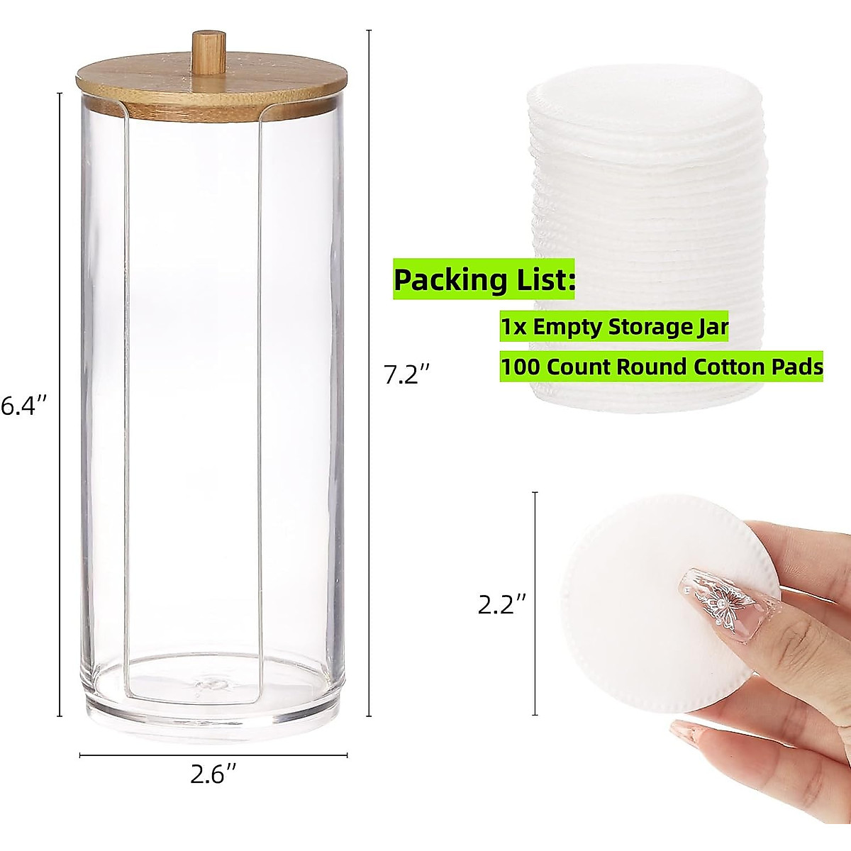 Cotton Pads Holder Set, Cotton Rounds Organizer Bathroom Clear Cotton Pads Storage Jar, 100pcs Cotton Pads