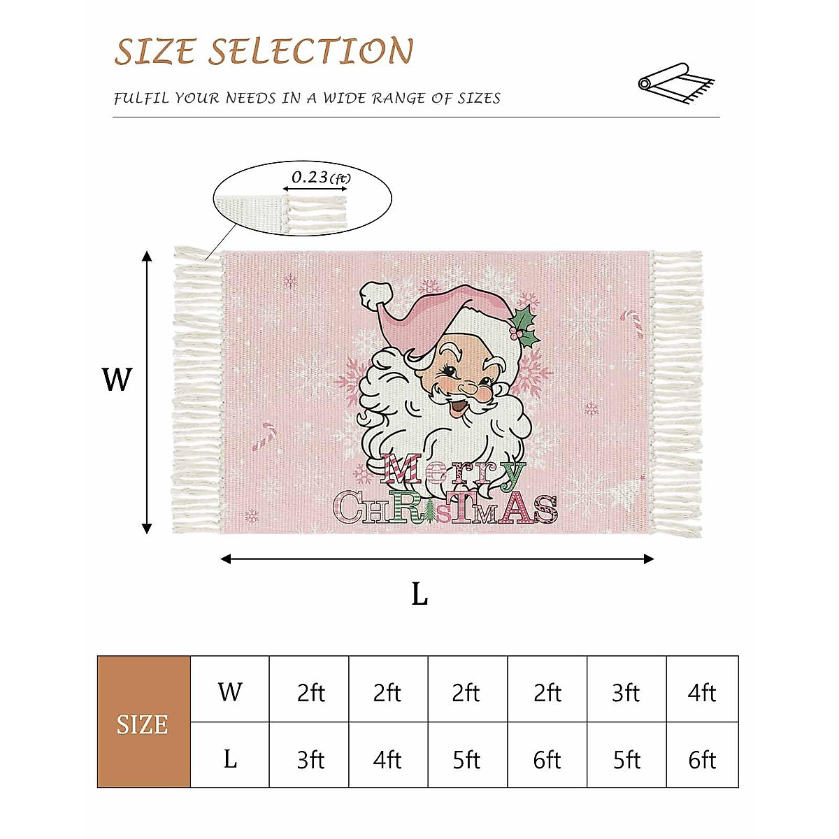 Runner Rug for Hallway 2x6ft, Merry Christmas Cute Pink Santa Washable Runner Rugs with Tassels Woven Floor Carpet Runners for Hallways Kitchen Laundry Entryway