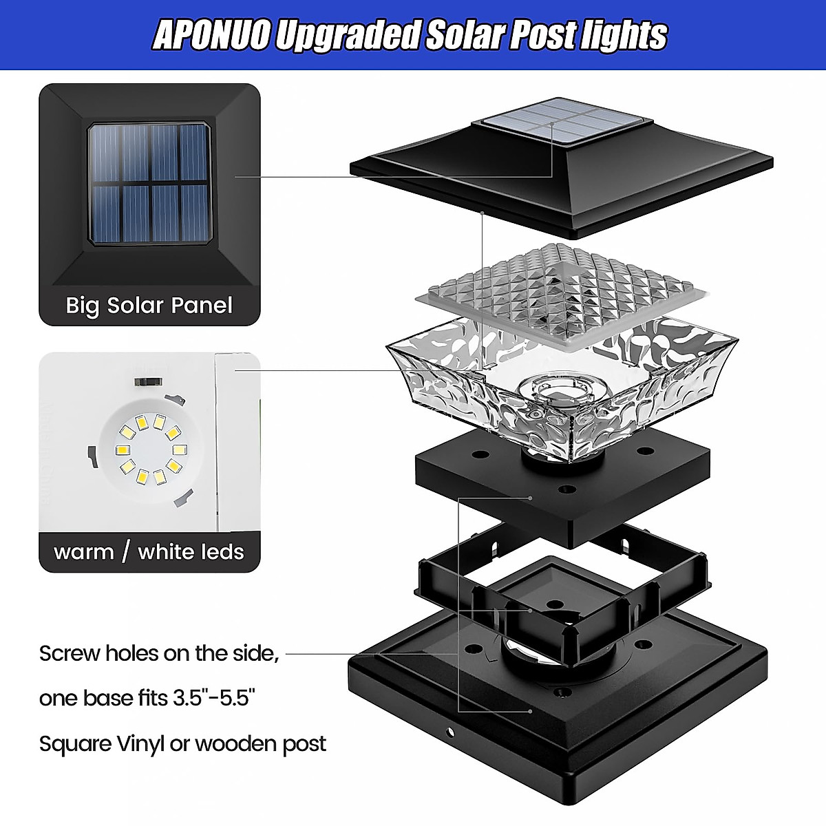 APONUO Deck Post Lights Solar Powered,6x6 Post Cap Solar Light 2 Color Mode Outdoor Waterproof for Fence Post Caps 4x4,6x6 Wood&4x4 5x5 Vinyl Deck Post Caps,Black,12 Pack