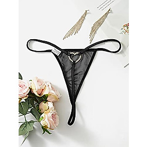 WDIRARA Women's Snakeskin Print Heart Ring Panty Strappy Underwear Thong Black Rhinestone S