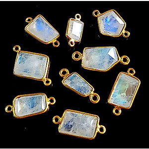 4 Piece Natural White Rainbow Moonstone Connector, Gold Plated Pendant Connector Rainbow Double Looped 8x14 to 8x16 MM Size [CQB 205]